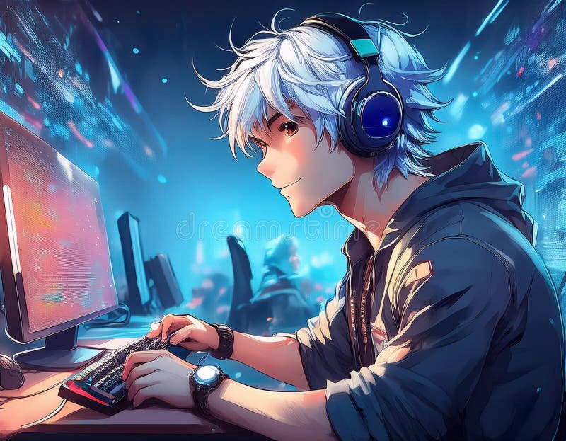 Man Playing Video Games and Coding Software in Anime Style Illustration ...