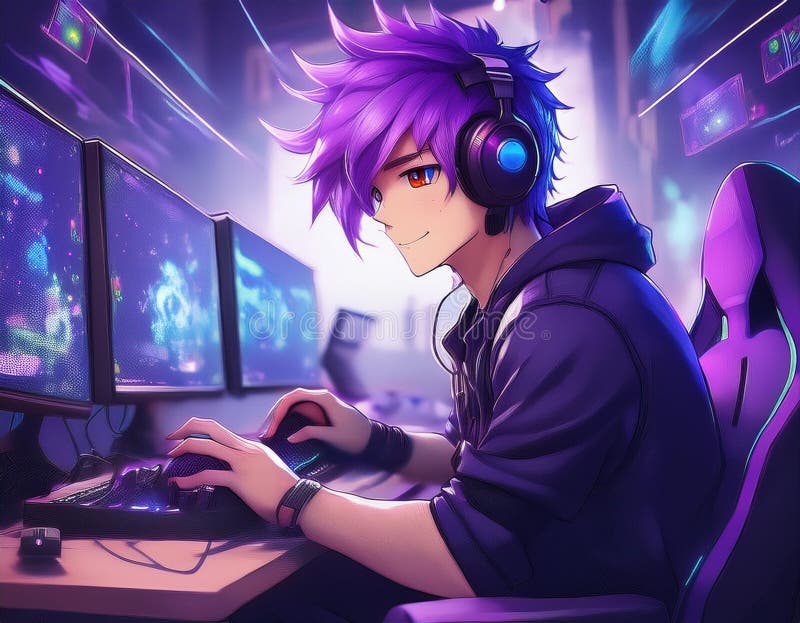 Man Playing Video Games and Coding Software in Anime Style Illustration ...