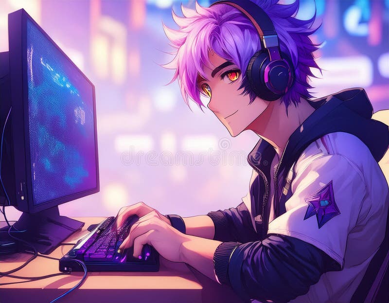 Man Playing Video Games and Coding Software in Anime Style Illustration ...