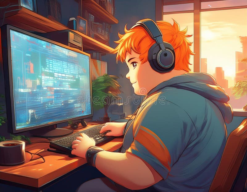 Man Playing Video Games and Coding Software in Anime Style Illustration ...