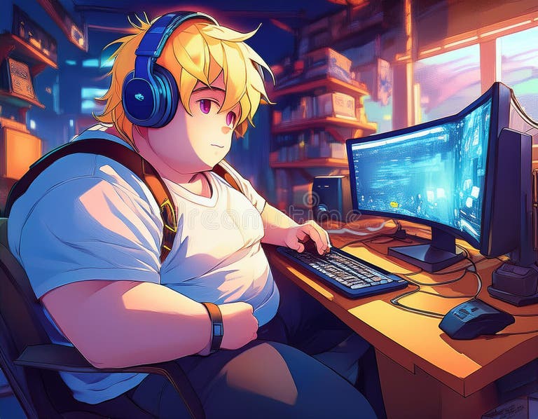 Man Playing Video Games and Coding Software in Anime Style Illustration ...