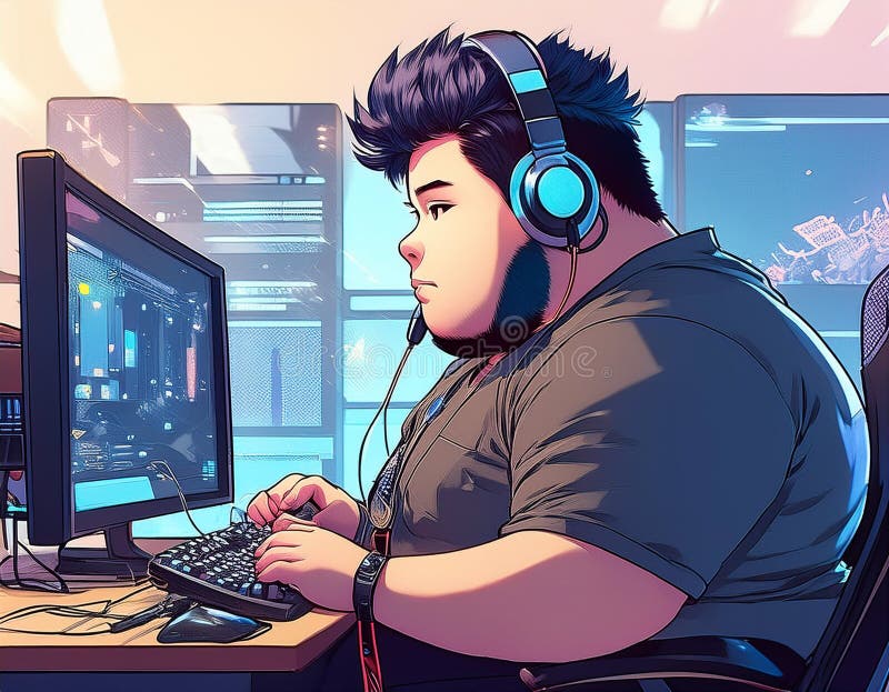 Man Playing Video Games and Coding Software in Anime Style Illustration ...