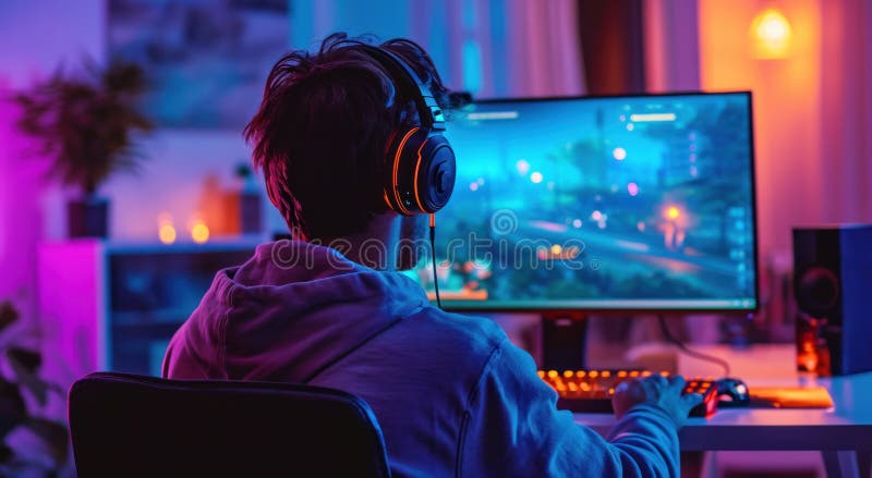 Man Playing Video Games in Front of Computer Stock Photo - Image of ...