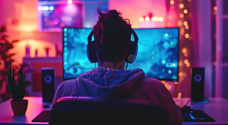Man Playing Video Games in Front of Computer Stock Photo - Image of ...
