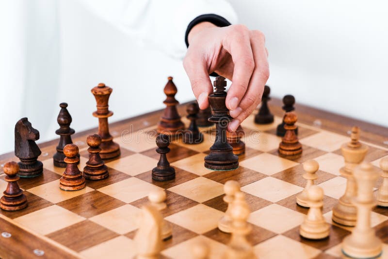 Man Plays Chess on Isolation. Chess Board. Game of Chess on a White ...