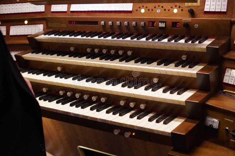 A Man Plays the Organ during a Church Service or Event. Editorial ...