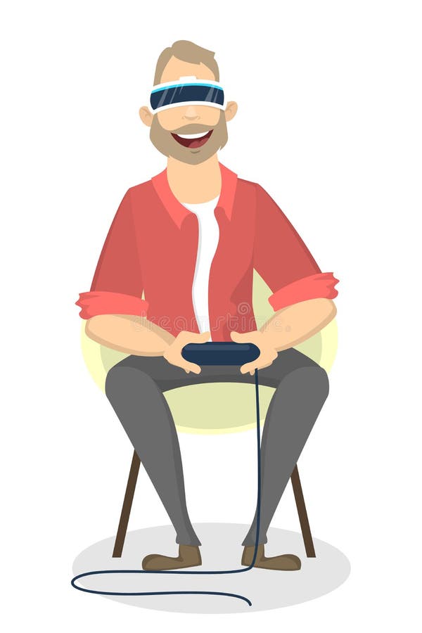 Vr Virtual Reality Glasses Young Man Playing Game Cartoon Character Flat Design Vector