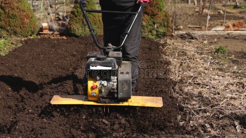 A Man Plows the Ground with a Motor Cultivator on a Garden Plot ...