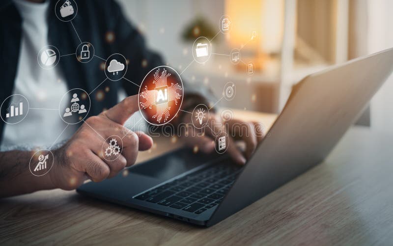 Man Point Finger Touch Virtual Digital Ai Network Chain. Digital ...