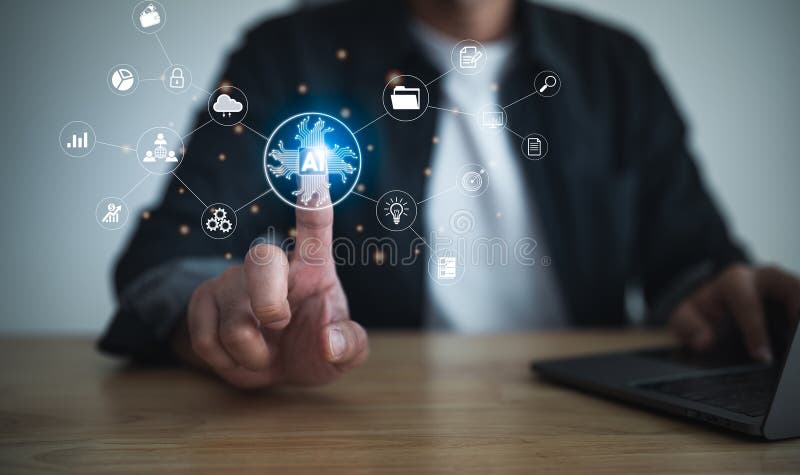 Man Point Finger Touch Virtual Digital Ai Network Chain. Digital ...