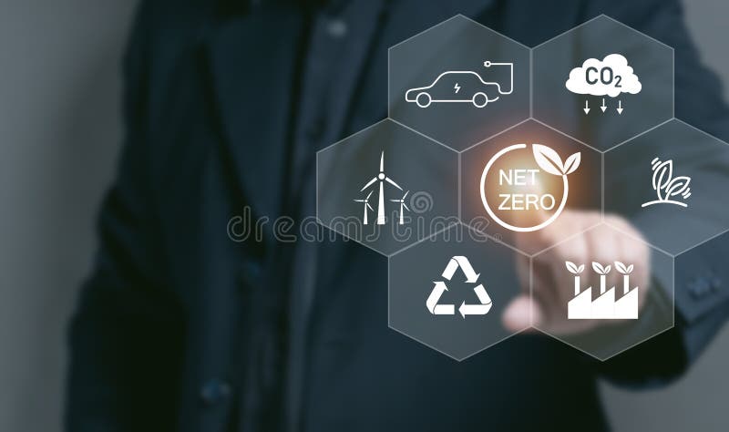 Man Point at Net Zero Icon and Other on Virtual Screen. Net Zero ...