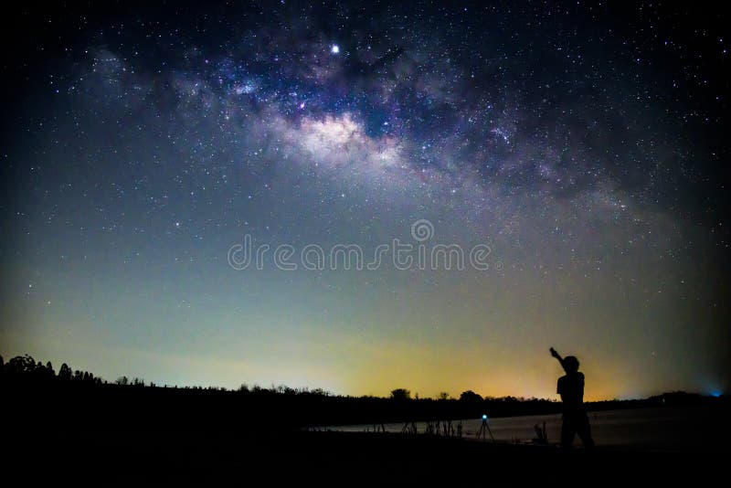 The Man Point To the Milky Way Stock Image - Image of shadow, hiking ...