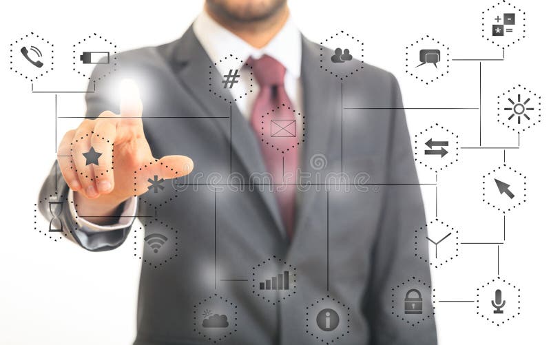 Man Pointing at App Icons on Abstract Network Connection Background. 3d ...