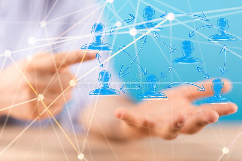 Man Pointing at the Blue Person Icons in a Hologram Stock Photo - Image ...