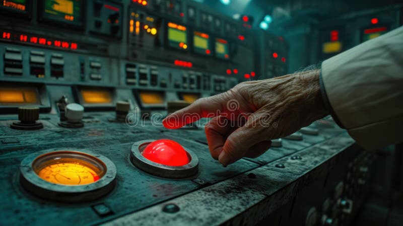 A Man is Pointing at a Button on an Old Control Panel, AI Stock Photo ...
