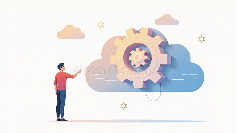 Cloud with Gears Icon, on Transparent Background, Flat Line Design, Cloud Computing Concept ...