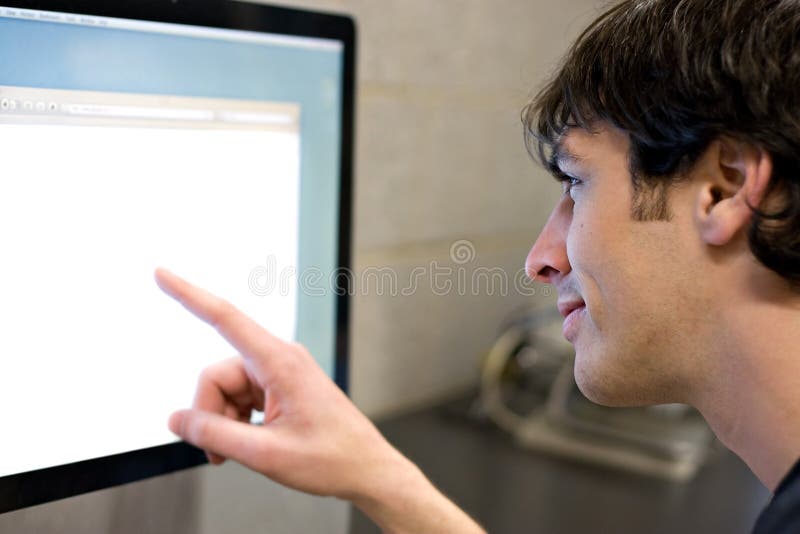 Man Pointing at Computer Screen Stock Photo - Image of desktop, monitor ...
