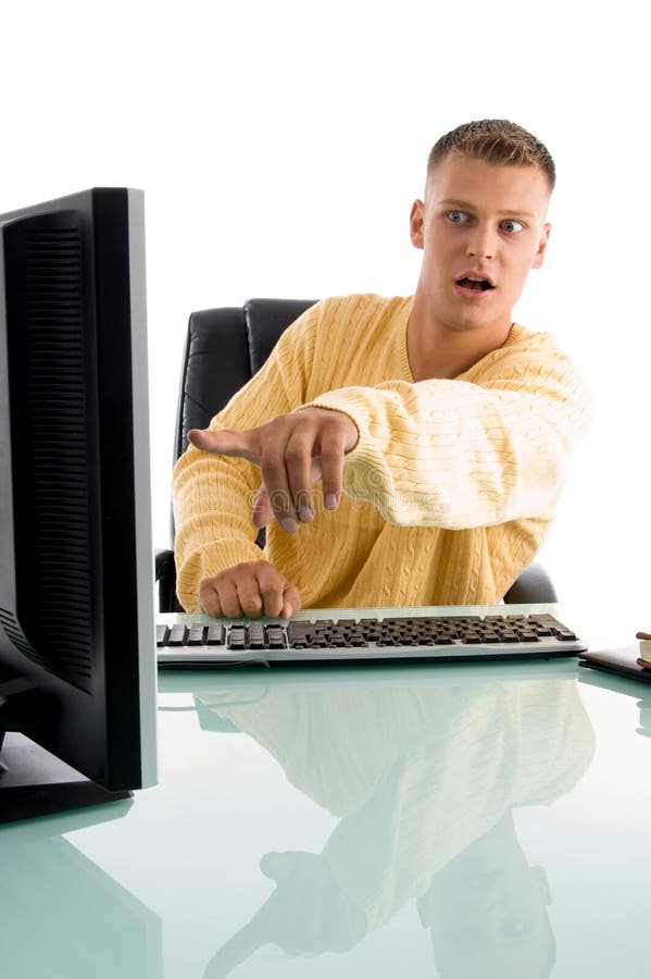 Man Pointing on Computer Screen Stock Photo - Image of indoors, adult ...