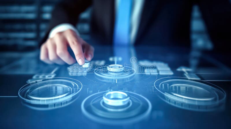 A Man is Pointing at a Computer Screen with a Blue Button in the Middle ...