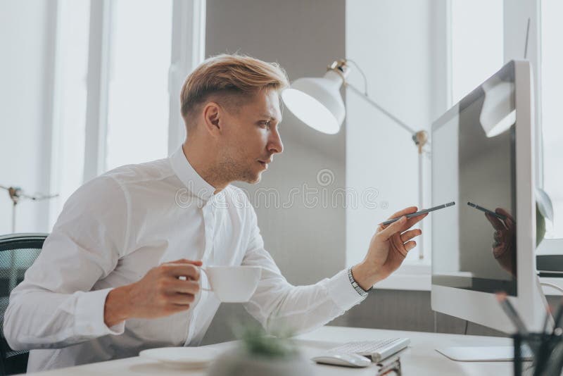 Man Pointing at the Computer Screen Stock Image - Image of pointing ...
