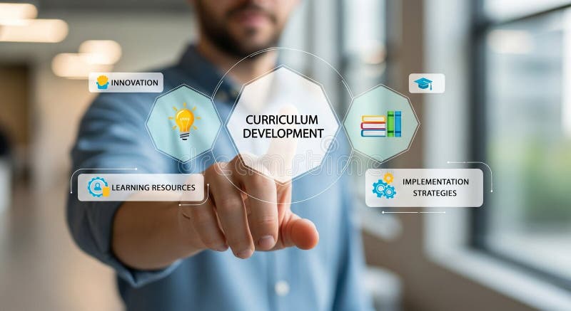 Man Pointing at Curriculum Development Interface with Icons and Text in ...