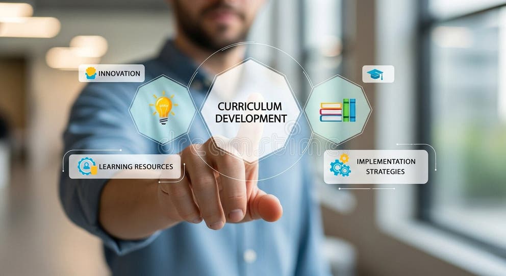 Man Pointing at Curriculum Development Interface with Icons and Text in the Foreground Display ...