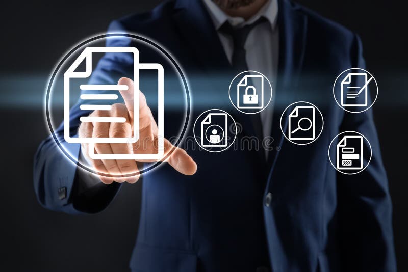 Man Pointing at Document Icon on Virtual Screen Stock Image - Image of ...