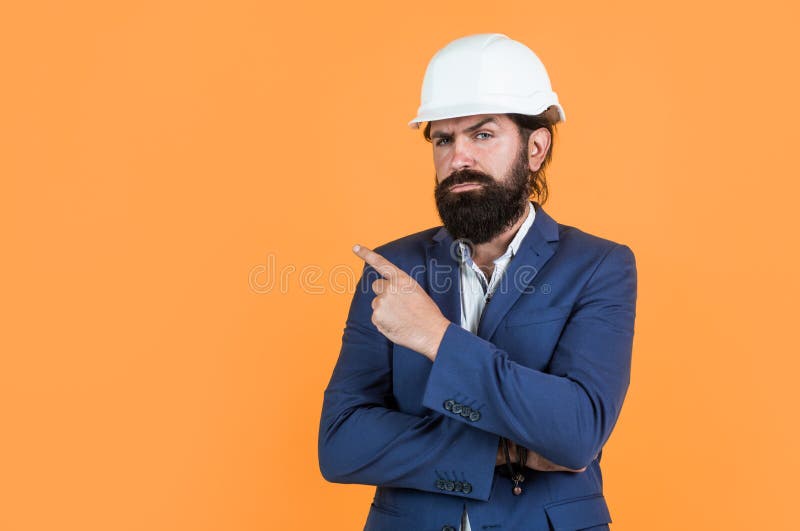 Man Pointing Finger on Copy Space in Hard Hat, Supervisor Foreman ...