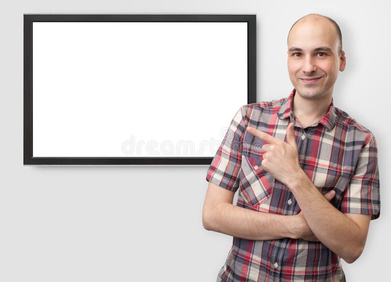 Man Pointing Finger on Tv Screen Stock Photo - Image of social, white ...