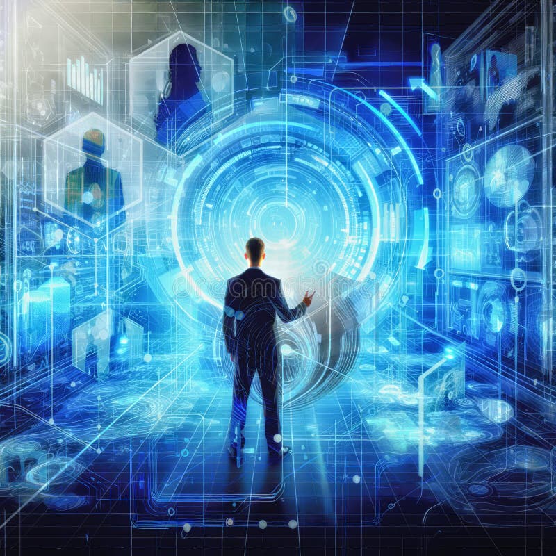 Man Pointing on Futuristic Interface. Innovation Technology Internet ...