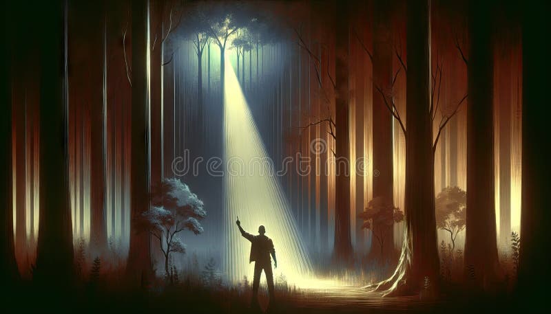 Man Pointing in Illuminated Forest Stock Illustration - Illustration of ...