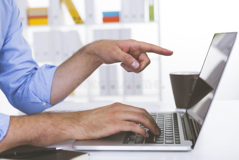 Man Pointing at Laptop Screen Stock Image - Image of close, internet ...