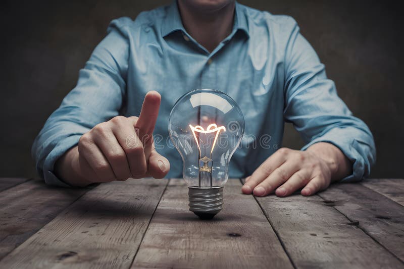 Man Pointing at Light Bulb on Table, Symbolizing New Idea Concept and ...