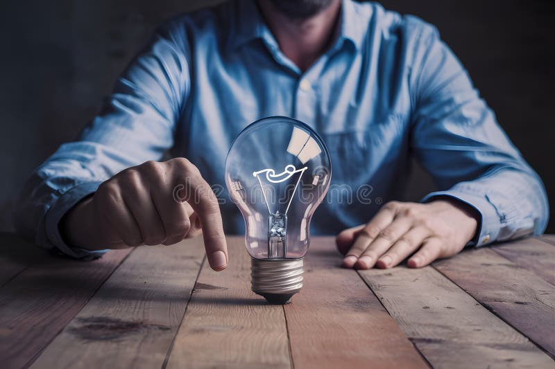 Man Pointing at Light Bulb on Table, Symbolizing New Idea Concept and ...