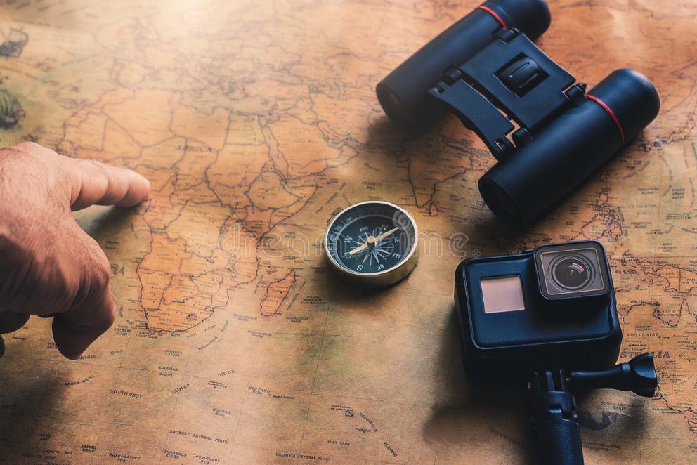 Man Pointing Notepad for Note with Binoculars Pencil, Compass on Paper ...