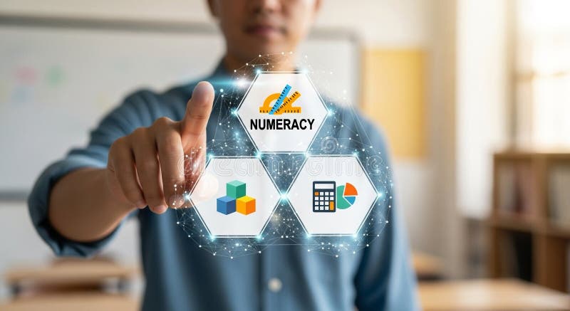 Man Pointing at Numeracy Graphic with Ruler Calculator and Blocks in a ...