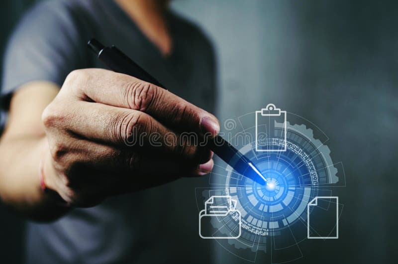 Man Pointing a Pen To Virtual Folder Icon Stock Photo - Image of office ...