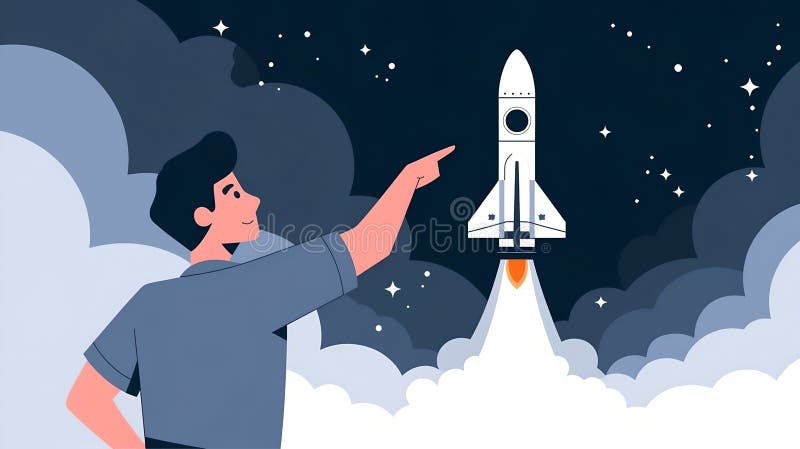 A Man is Pointing at a Rocket Ship that is Launching into Space. Stock ...