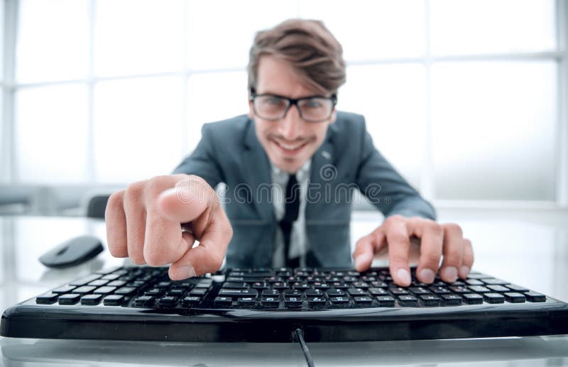 Man Pointing at Something with Finger and Using Computer Keyboard Stock ...