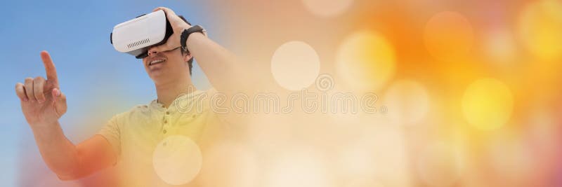 Man Pointing in Virtual Reality Headset with Orange Bokeh Transition ...