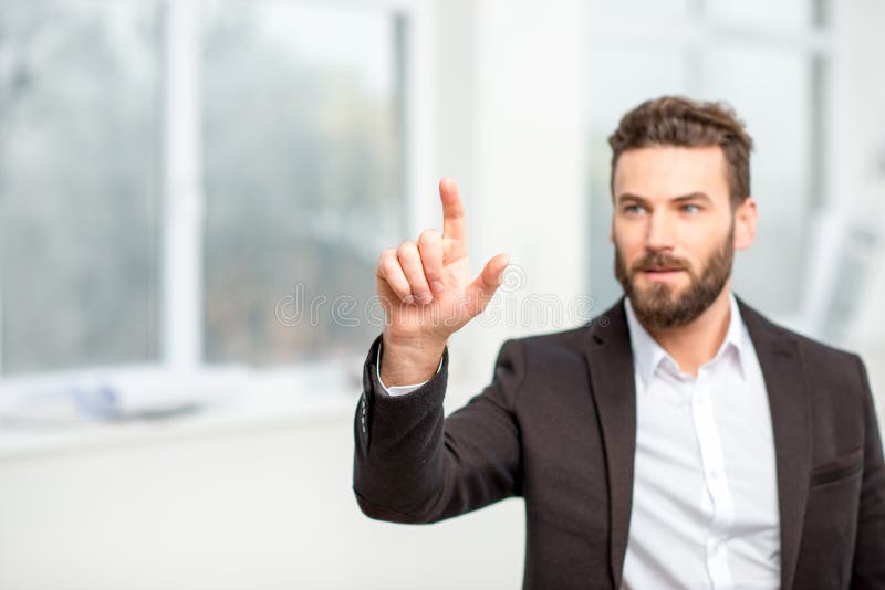 Man Pointing on the Virtual Screen Stock Image - Image of engineering ...