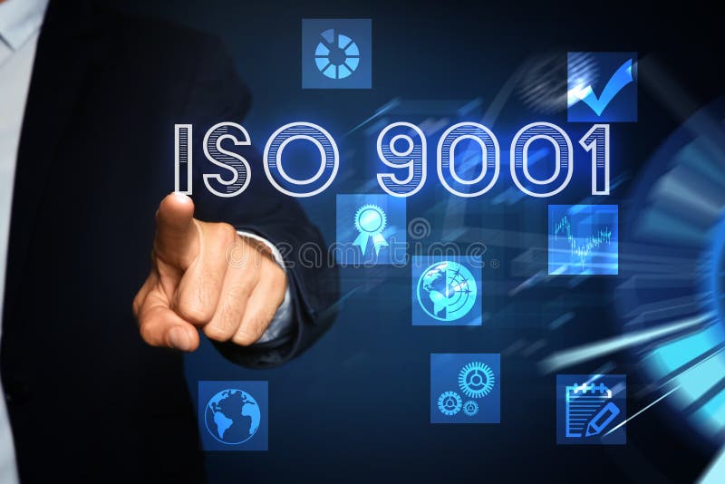 Man Pointing at Virtual Screen with Text ISO 9001 and Different Icons ...