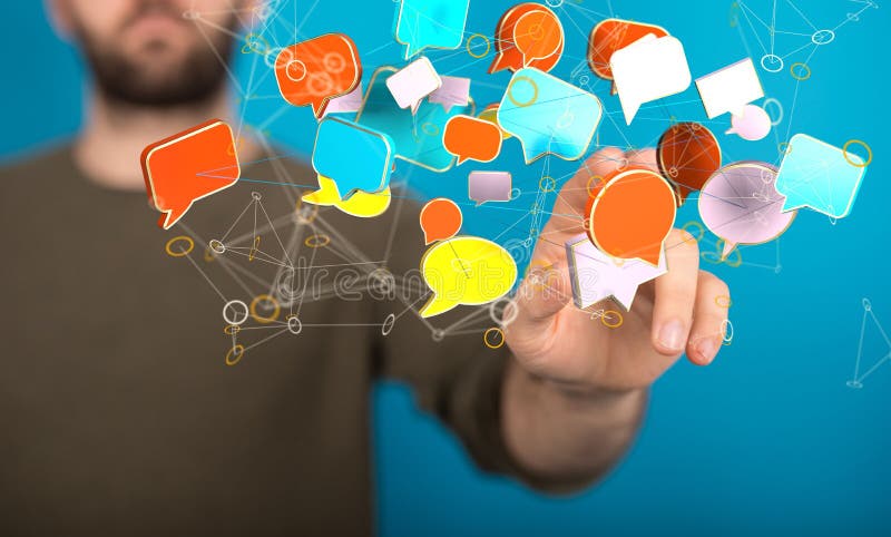Man Pointing at a Web of Message Icons Stock Image - Image of finger ...