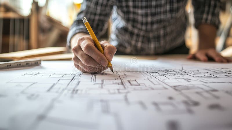 Man Points at Architectural Drawings with Pencil Stock Image - Image of ...