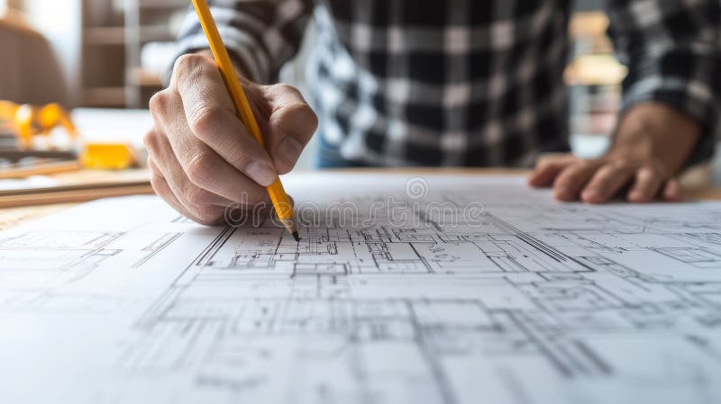 Man Points at Architectural Drawings with Pencil Stock Image - Image of ...