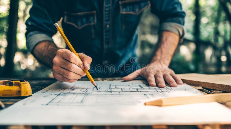 Man Points at Architectural Drawings with Pencil Stock Image - Image of ...