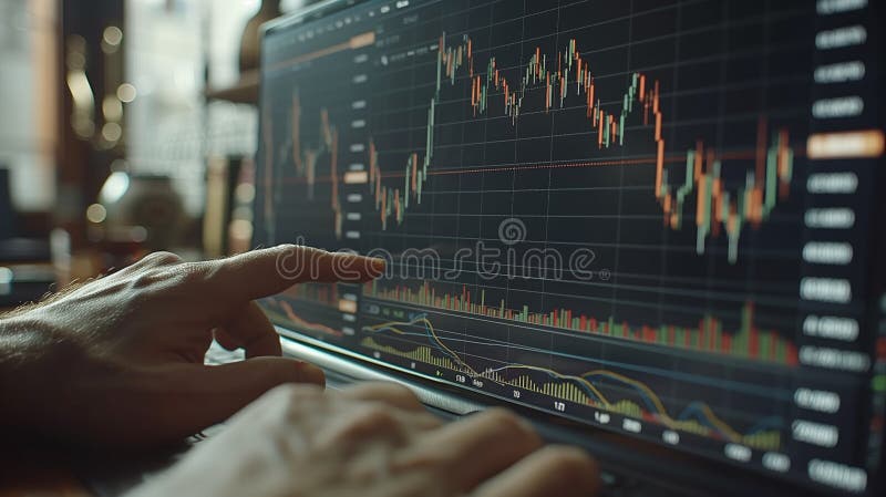 Man Points at Computer Screen Showing Stock Chart Stock Illustration ...