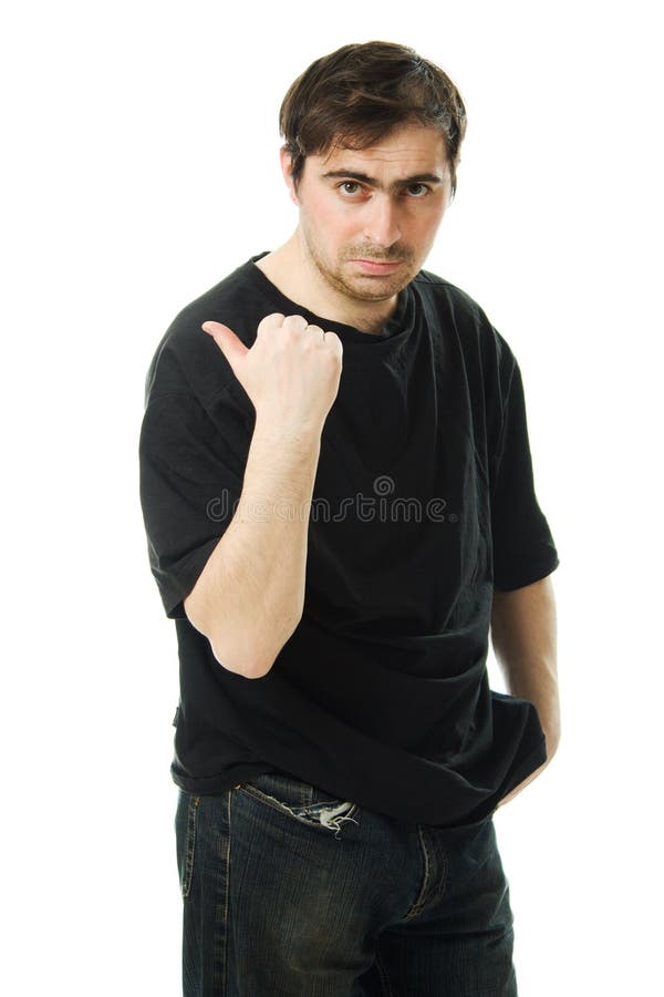 Man Points a Finger Behind His Back. Stock Image - Image of serious ...