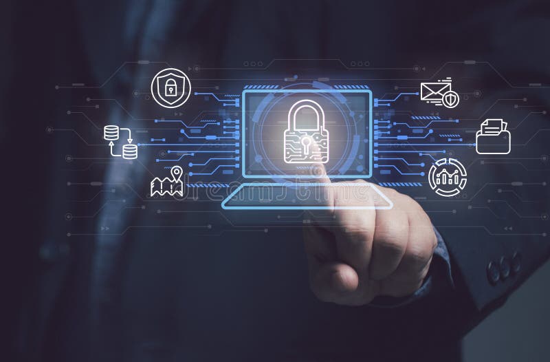 Man Points at Key Icon on Virtual Screen of Laptop Protecting Security ...