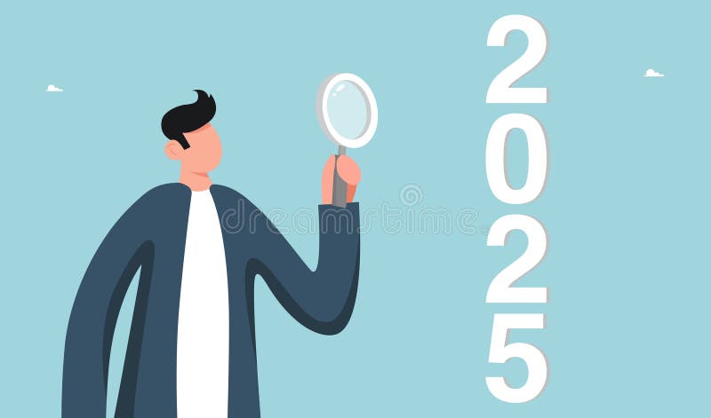 Man Points with Magnifying Glass To 2025 Stock Illustration ...